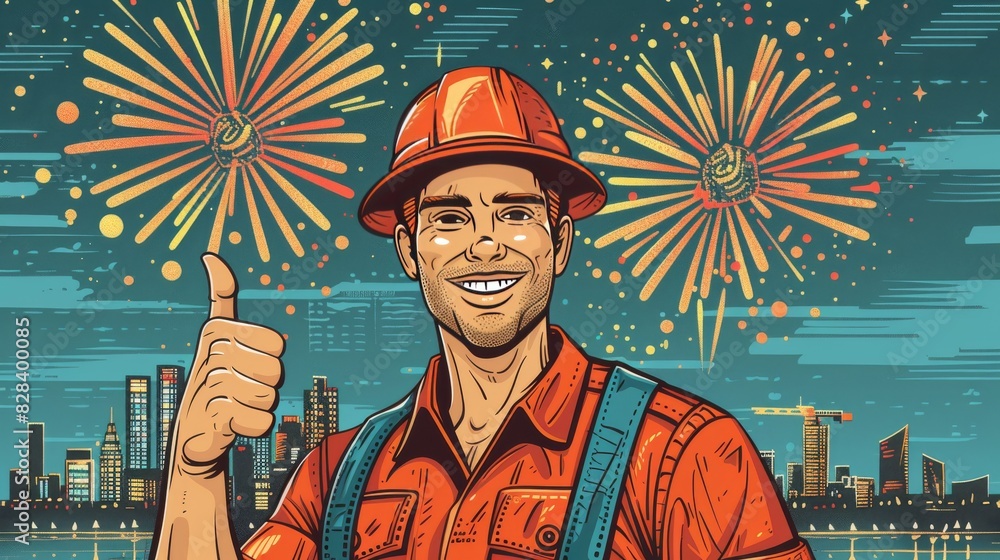A smiling worker with a hard hat giving a thumbs up, with a cityscape ...