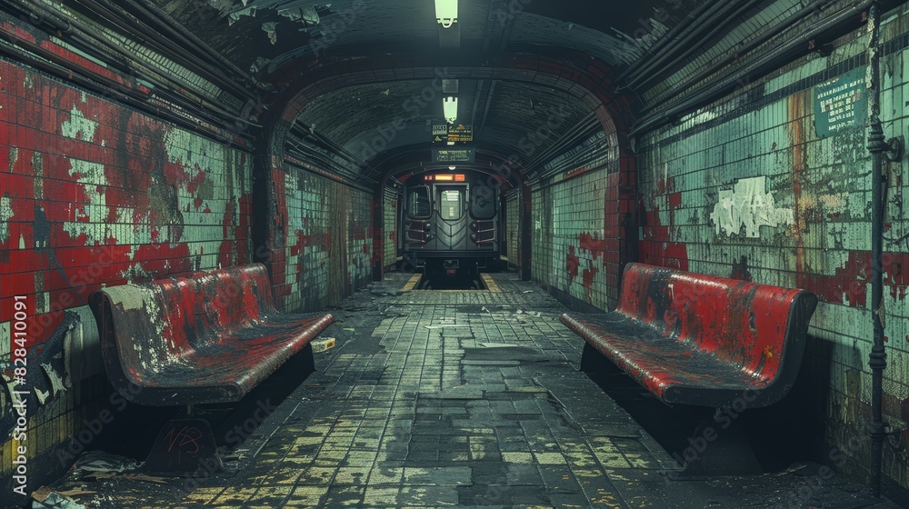 Vintage subway corridor with worn-out benches and peeling paint ...