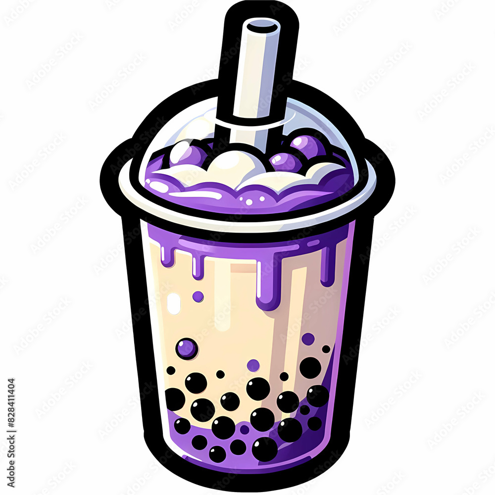 Cartoon illustration of a colorful bubble tea with purple tapioca ...