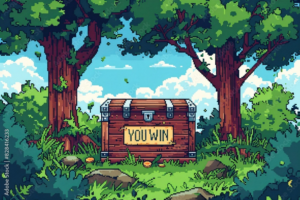 8-bit retro video game victory screen with pixelated graphics ...