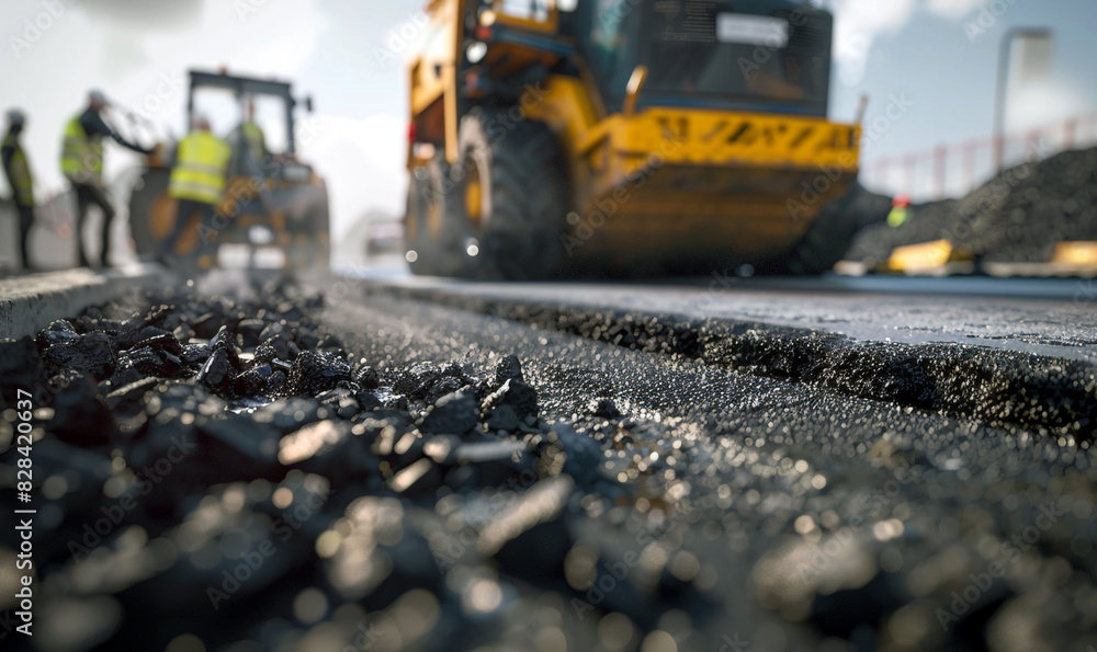 Road Construction Teamwork, Asphalt Laying Work At Road Construction ...