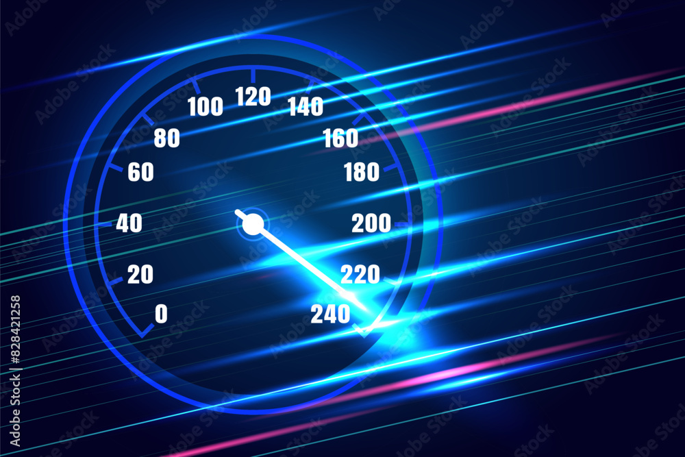 Speed motion with fast speedometer car on dark blue color background ...