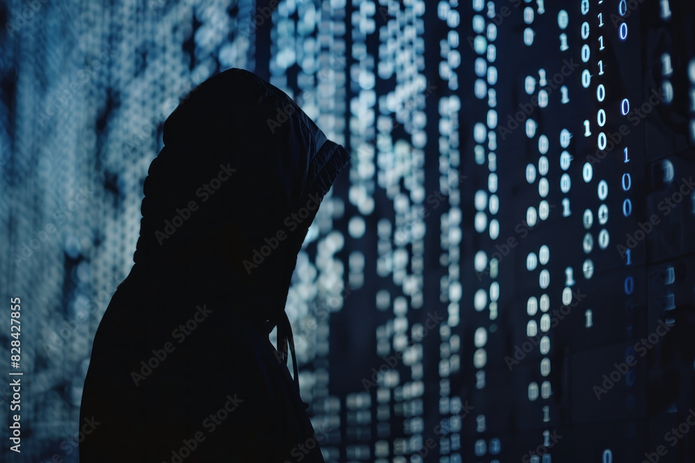 Hacker silhouette with binary code on screen, cybercrime concept, free ...