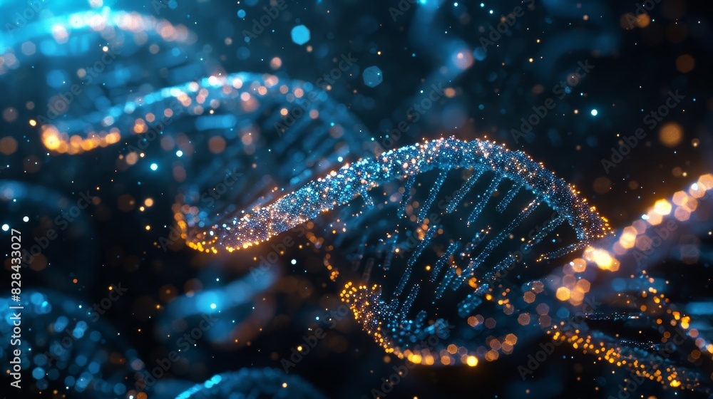 A close-up of a glowing DNA strand under a microscope, showcasing the ...