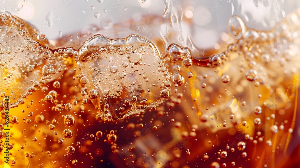 Cold cola with ice, detailed view of carbonation bubbles and ice cubes. Cola soda fizzing and ...