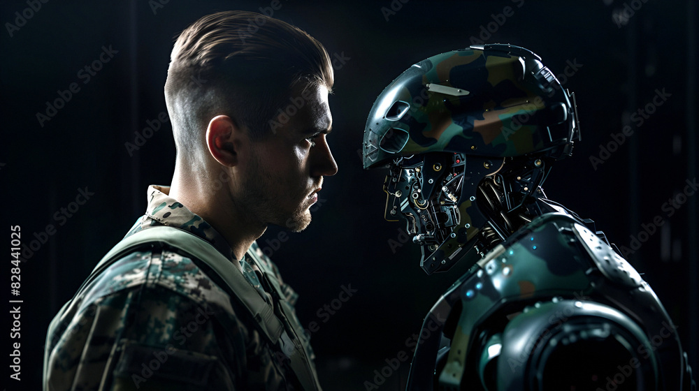 Soldier meets advanced humanoid robot Stock-Foto | Adobe Stock