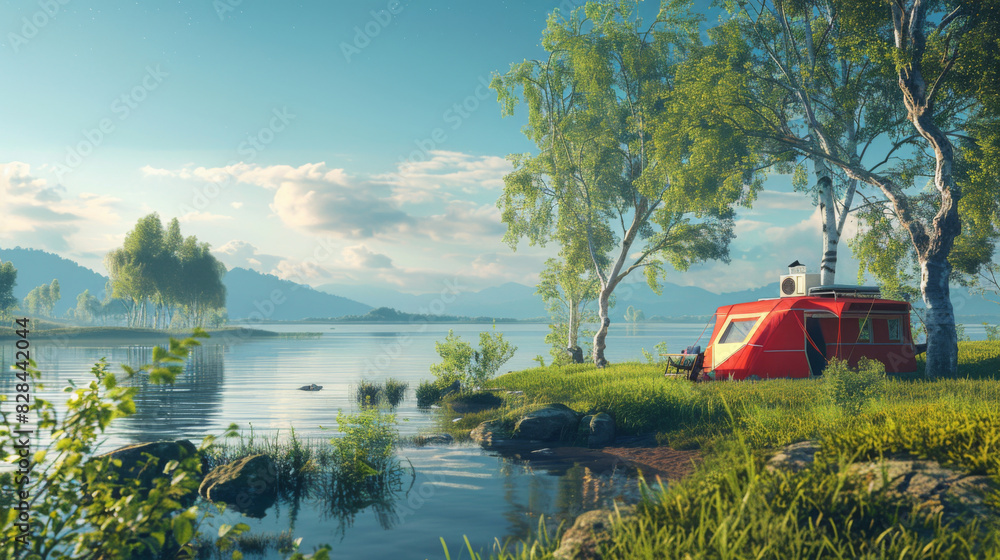 3d illustration,tent camp, spring outing, camp bus, lake, grass, water ...