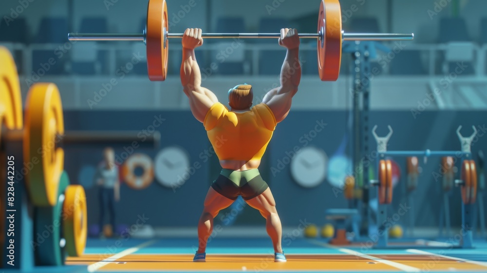 3D cartoon weightlifter lifting barbell, Olympics. Dynamic pose ...