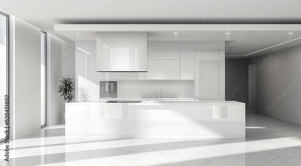 Minimalist white kitchen interior featuring high gloss white cabinets ...