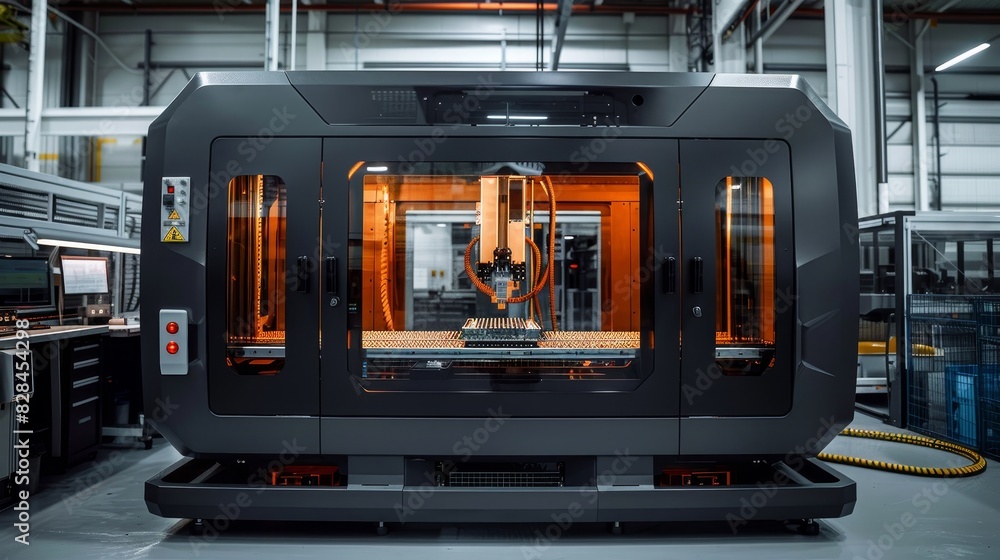 A large industrial 3D printer in operation, creating complex parts with ...
