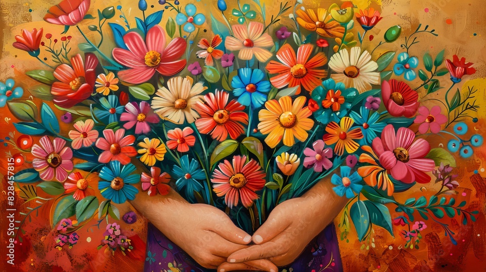 Cartoon Illustration of Hands Holding a Colorful Bouquet of Flowers ...