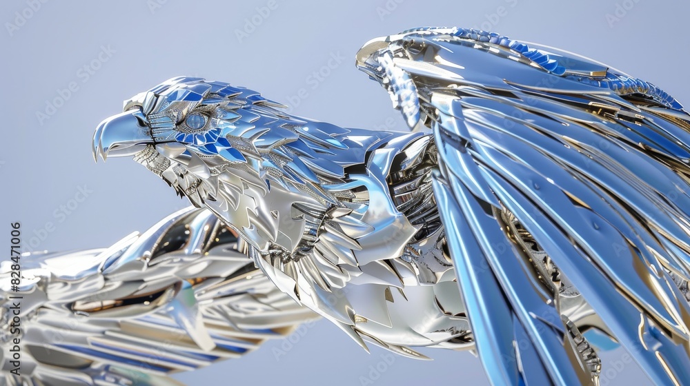 Highly detailed, metallic eagle sculpture with a futuristic design. The eagle is depicted in a ...