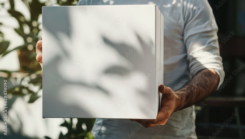 Mockup luxury delivery company, man handing out large white box for ...