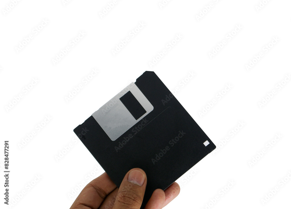 Black floppy disk in men hands old technology for copy data on white ...