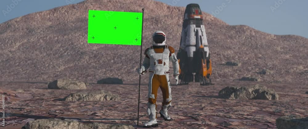 Astronaut walking on the mars with green screen flag, placing a flag ...