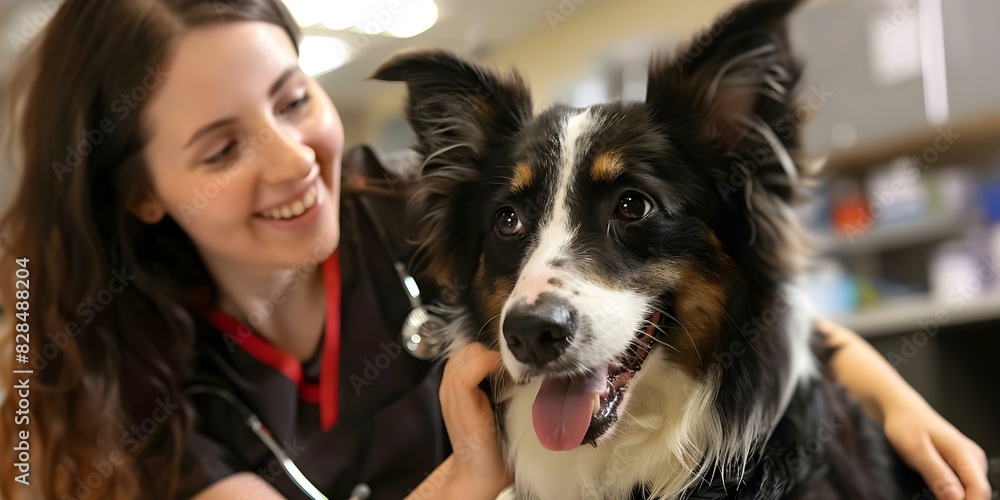Female vet nurse examining a border collie at a veterinary clinic ...