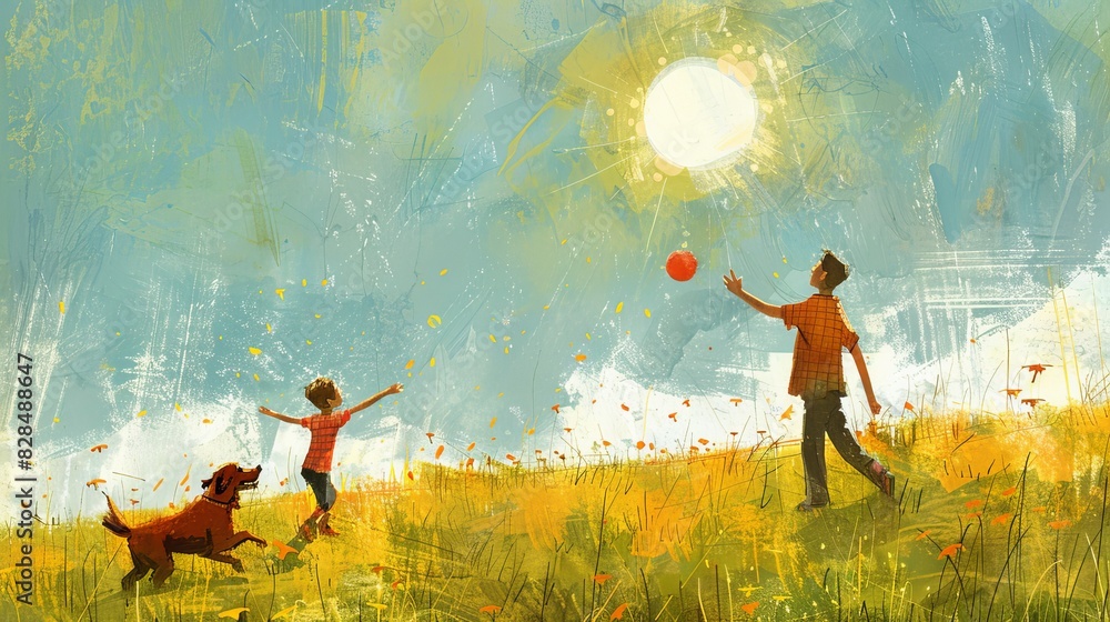 whimsical of a father and son playing catch in green field, with a ...