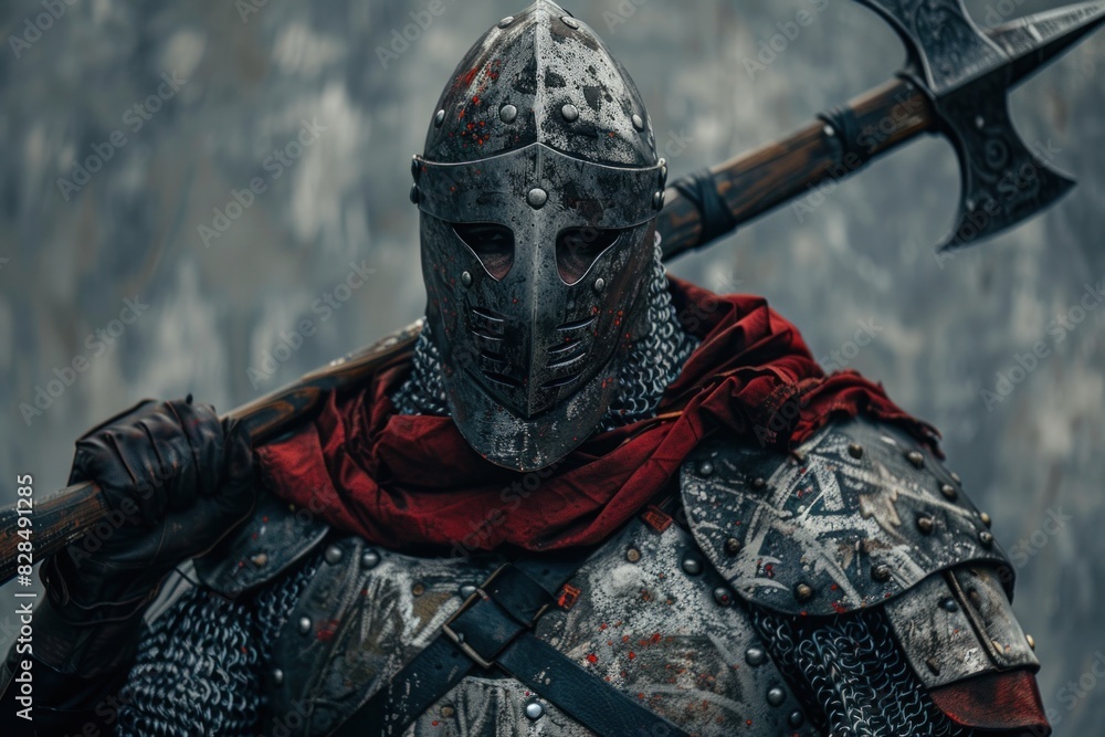 Medieval knight on gray background With red and black armor and weapons ...