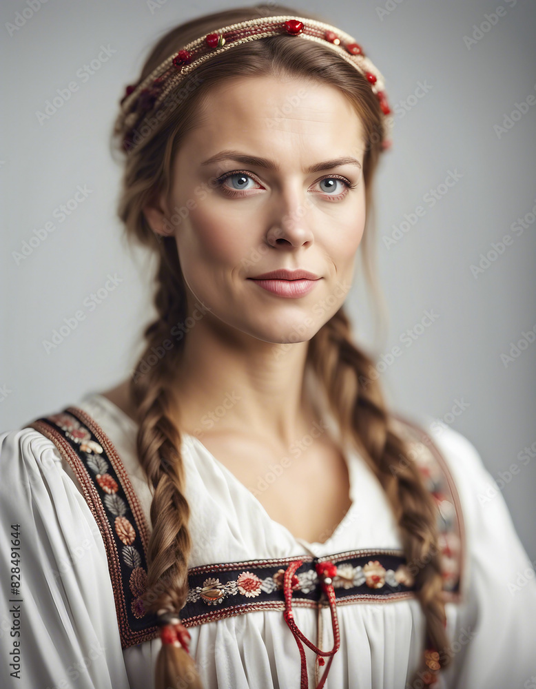 portrait of German woman in traditional dress, isolated white ...