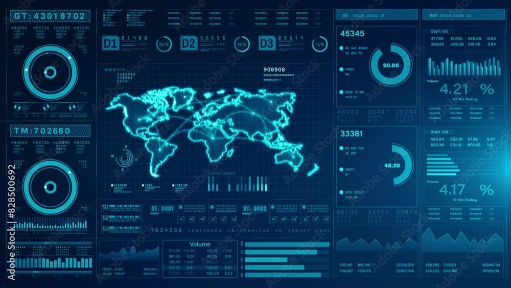 Futuristic Data Dashboard with Global Map, HUD infographic business and ...
