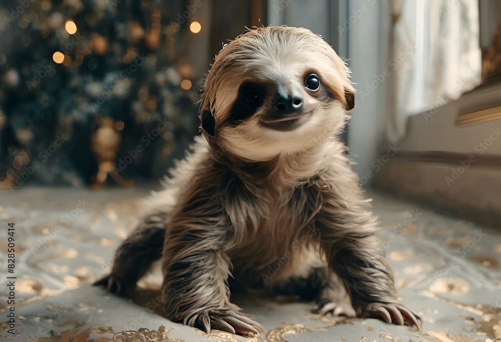 AI generated illustration of a cute sloth standing by a window, making ...