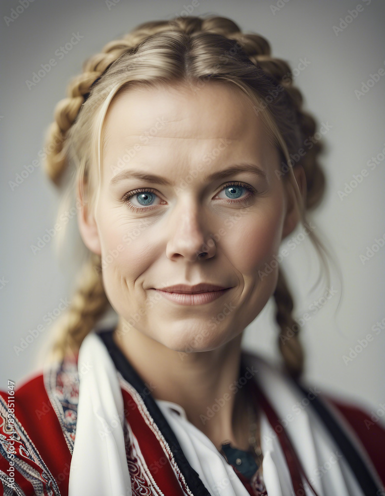 portrait of Norwegian woman in traditional dress, isolated white ...