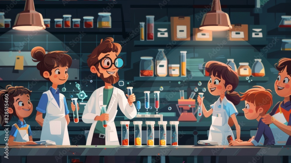 A science class with students conducting experiments using test tubes ...