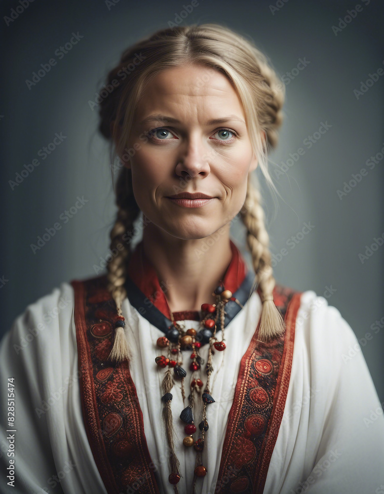 portrait of Norwegian woman in traditional dress, isolated white ...