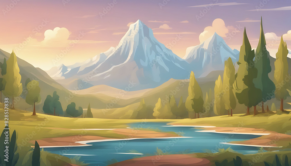 beautiful scene at the foot of the mountain, landscape illustrtaion in ...