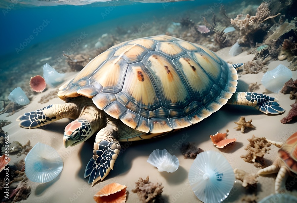 A Close-up large turtle deep underwater with plastic bag. Ocean life ...