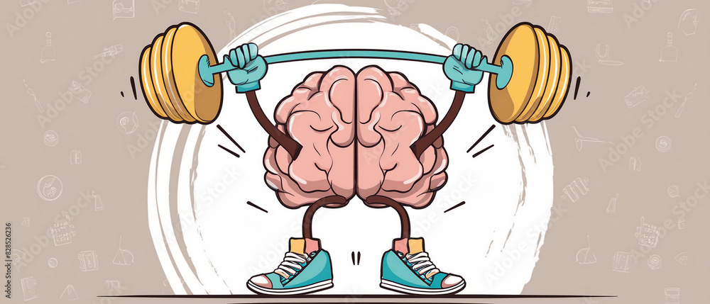 Mental Health: Cartoon brain lifting a bell for strong mental health ...