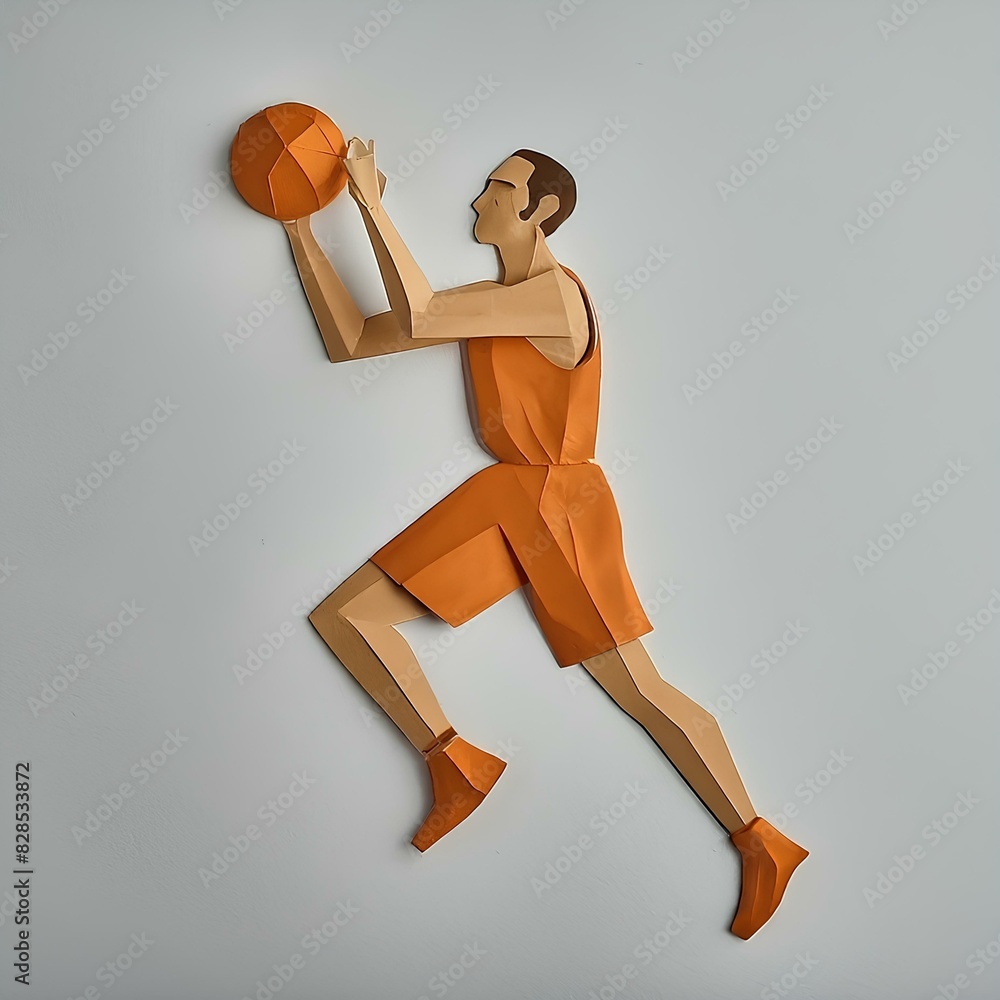 This image shows a papercraft basketball player in an orange uniform ...