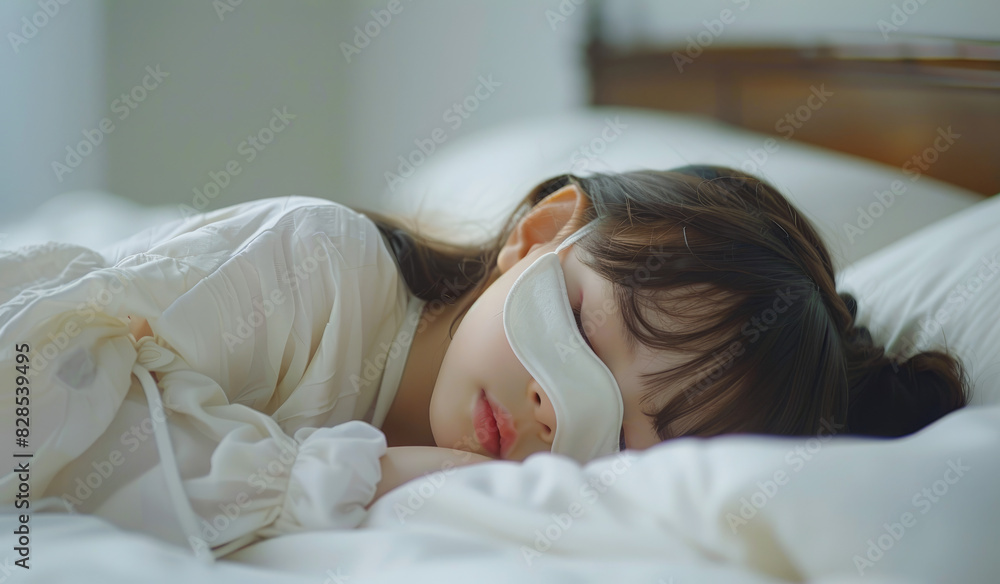 A Young Japanese Girl Sleeping On Her Side With An Eye Mask White
