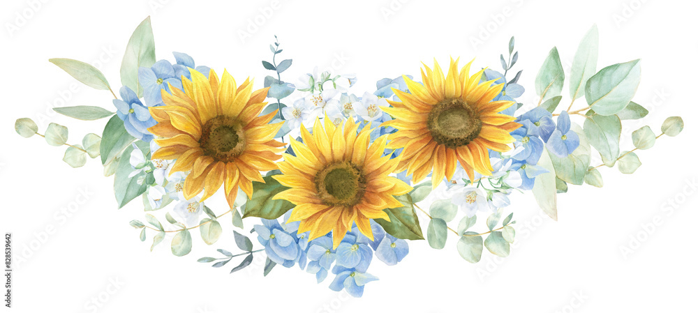 Watercolor sunflower bouquet, sunflower wedding border PNG, green ...