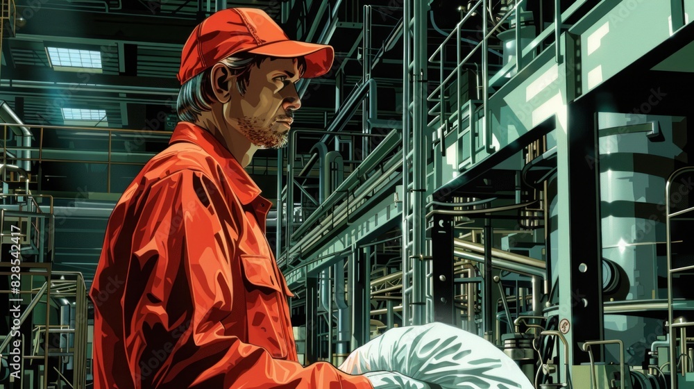Detailed portrayal of a factory worker transporting a sack through a ...