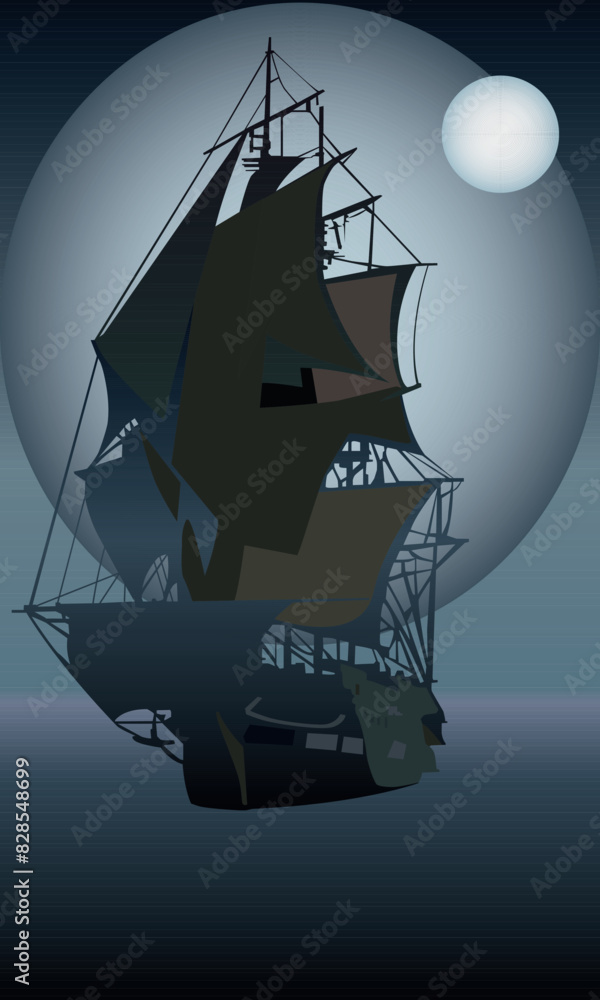 Vector illustration of a pirate ship sailing at night under mystical ...