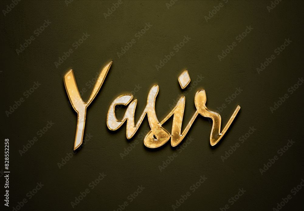 Old gold text effect of Arabic name Yasir with 3D glossy style Mockup ...