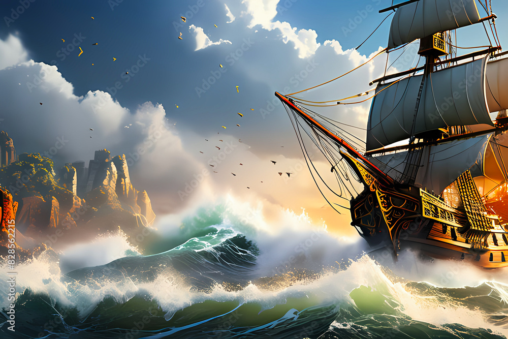 close-up of treasure on a pirate ship deck waves aglow fantasy sky ...