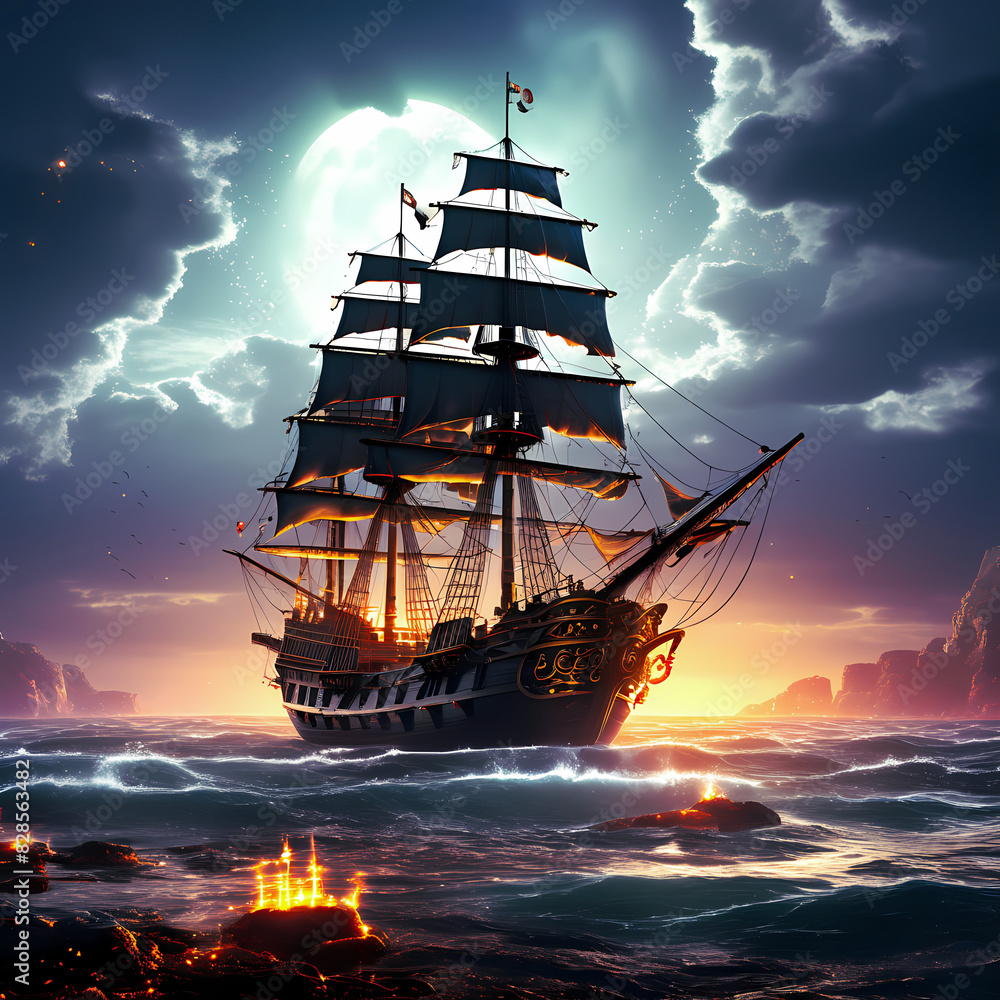 ภาพประกอบสต็อก a pirate ship deck waves aglow fantasy sky crackling ...