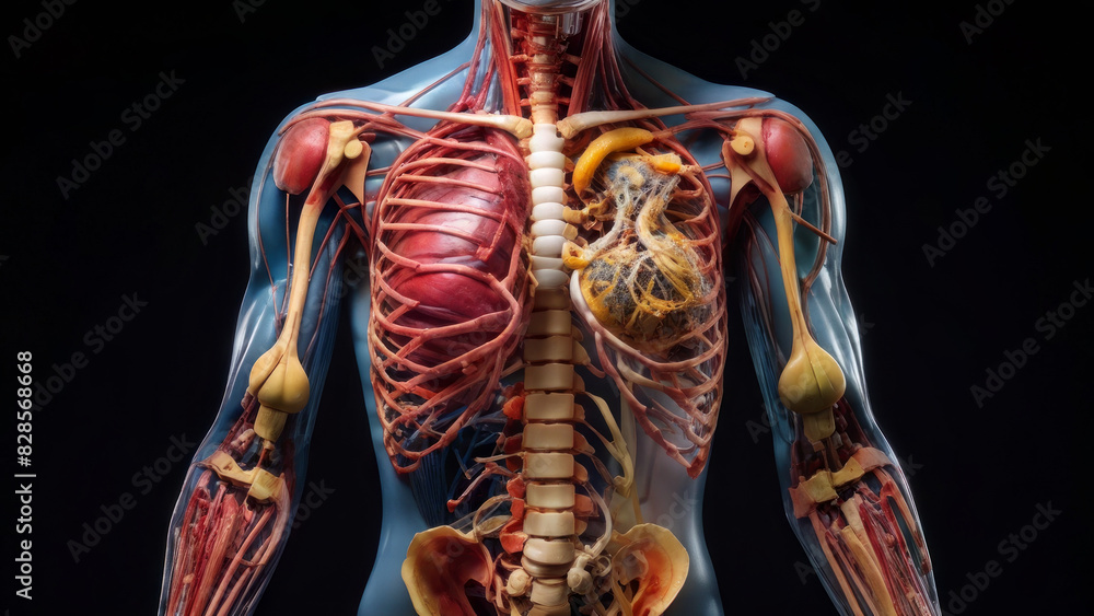 models of human skeletons standing side by side on a dark background ...