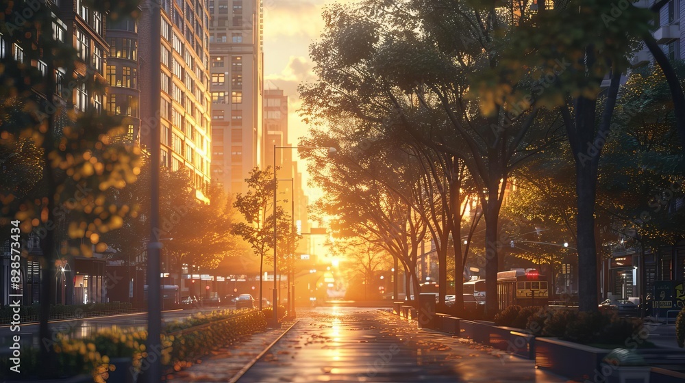 Early morning cityscape with the first light of day illuminating tall ...