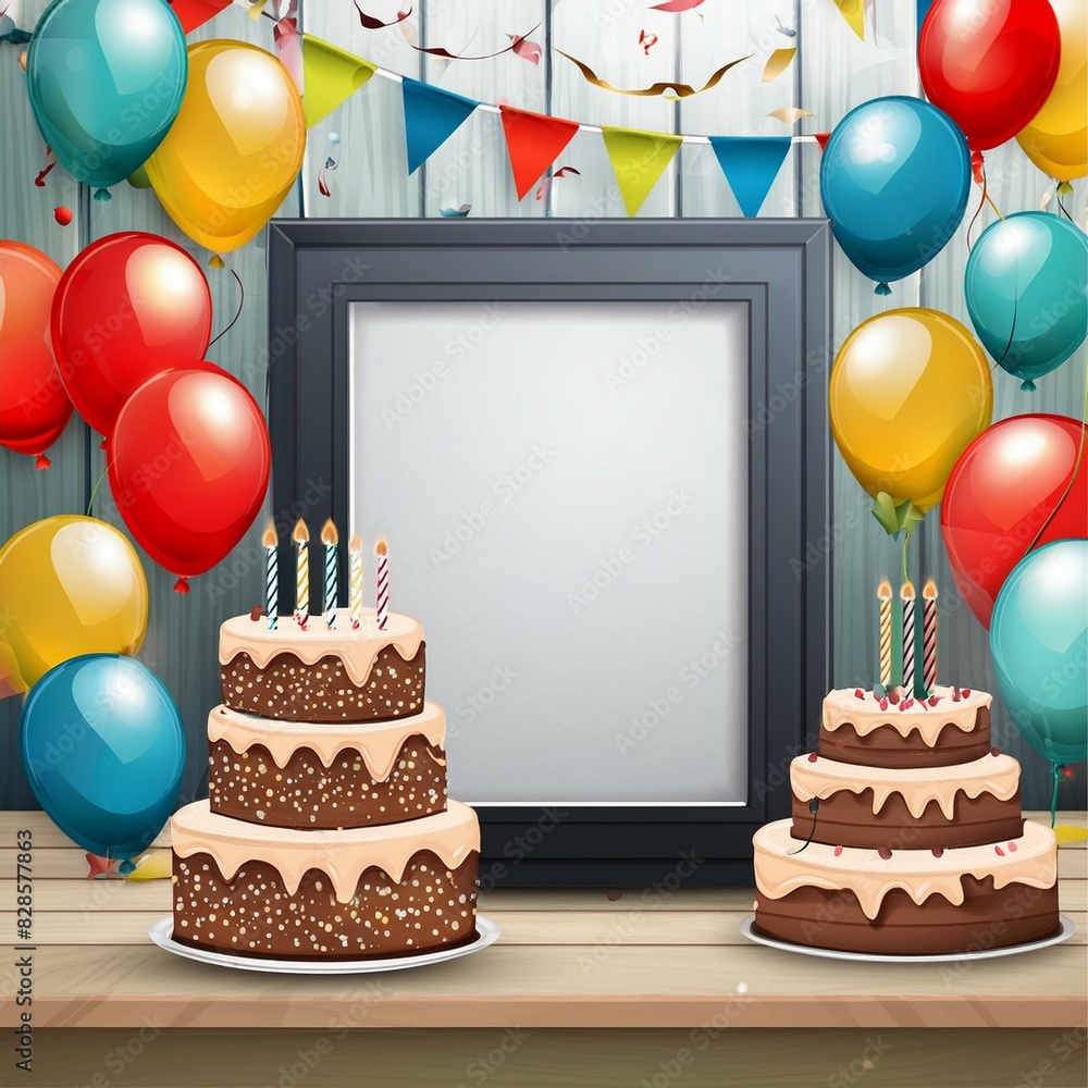 birthday photo frame template with balloons and cake. Beautiful ...
