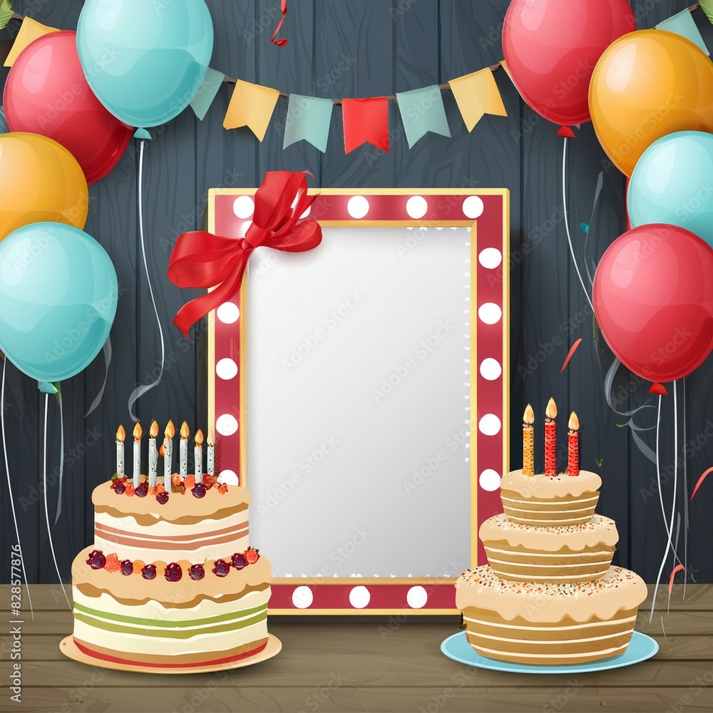 birthday photo frame template with balloons and cake. Beautiful ...