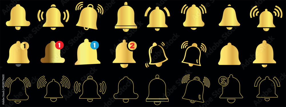 Notification bell icon set. Gold bell vector icons with alerts and ...