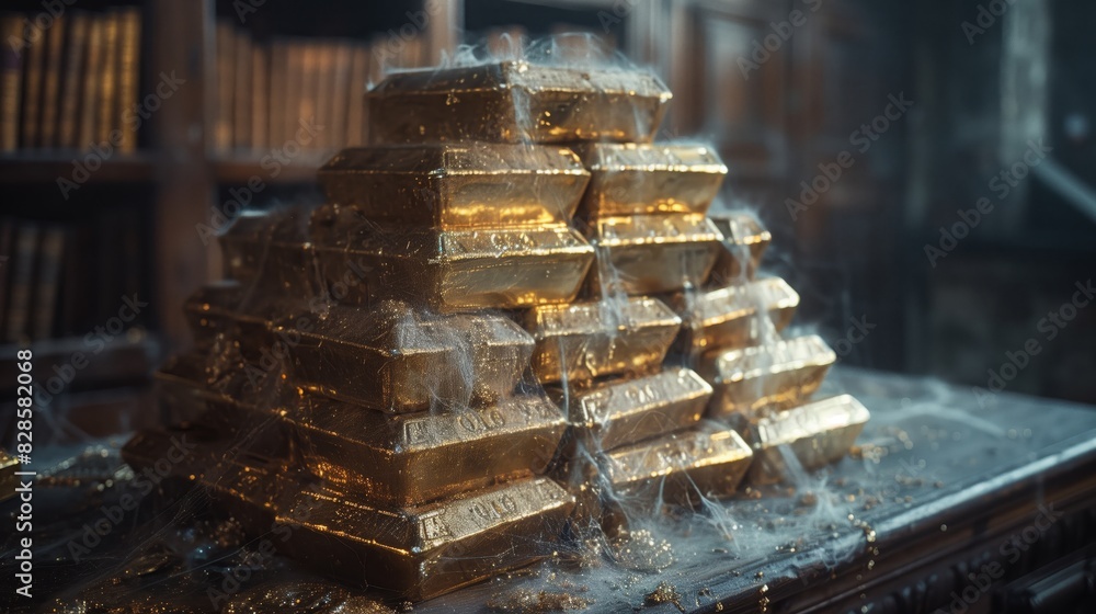 Forgotten treasure: dusty gold bars in an old vault. A close-up view of ...