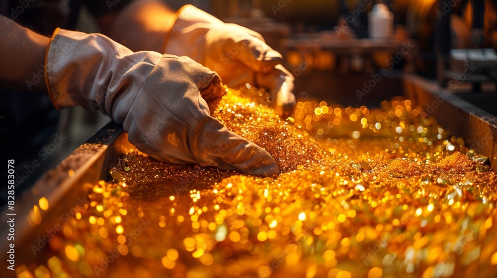 Gold mining, close-up view of gloved hands holding a sieve filled with ...