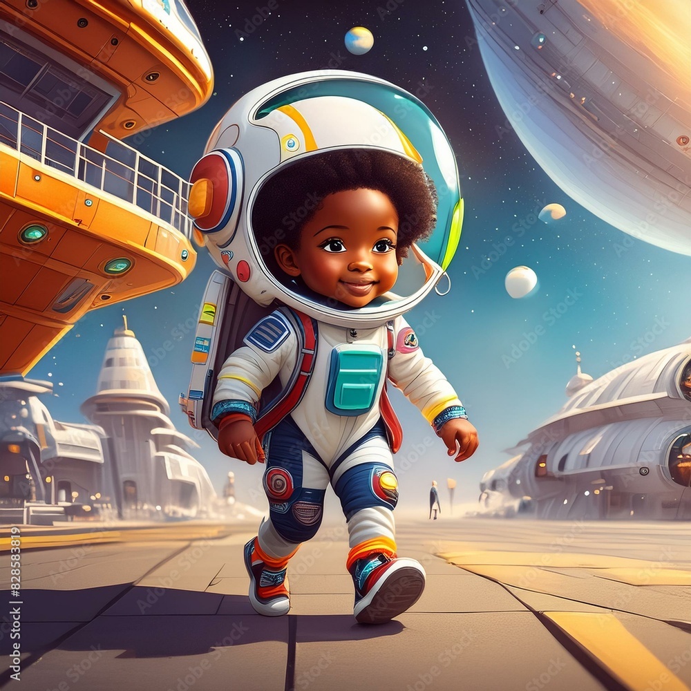 ethnic African American baby astronaut with afro hairstyle wearing ...