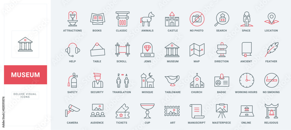 Museum ancient exhibit and service for tourist visit line icons set ...