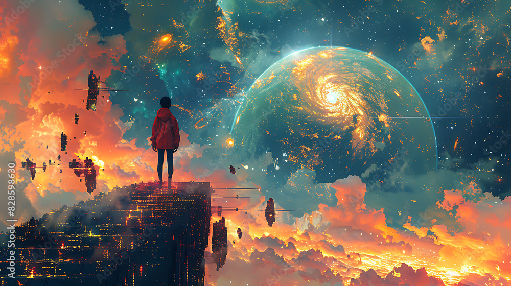 illustration of a cosmic traveler exploring distant galaxies ...