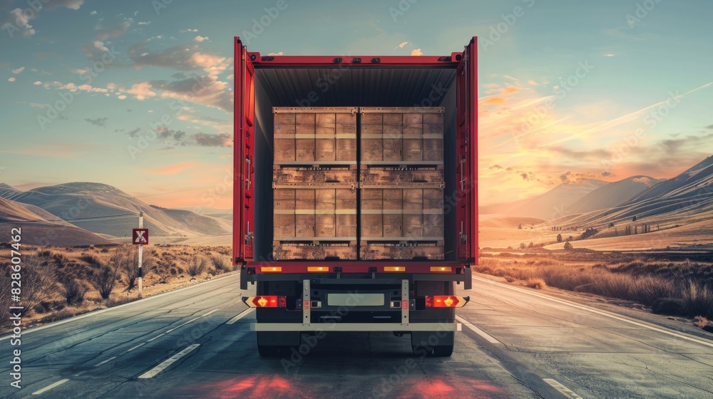 Open red shipping container truck on a scenic highway. Cargo truck with ...